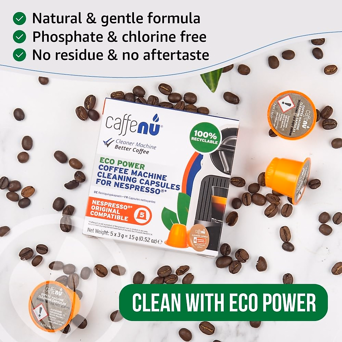 Nespresso Compatible Cleaning Pods. 5 Cleaner Capsules. Improved Coffee Flavor. For Nespresso Originaline, Use with Descaling Kit.
