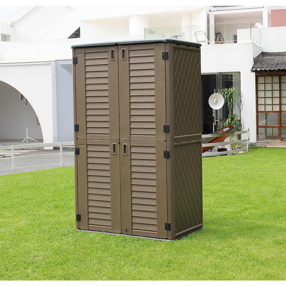 KINYING Outdoor Storage Shed Waterproof, Resin Vertical Outdoor Storage Cabinet for Patio Furniture, Garden Tools, Pool Accessories, Mower Storage (66 Cu.ft, Dark Brown)