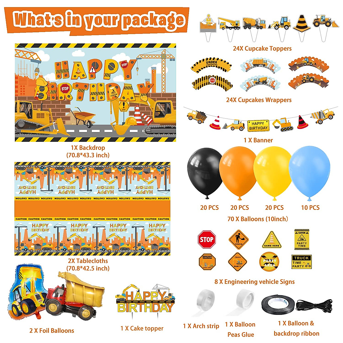 Mpanwen Construction Birthday Party Supplies, 136 Pcs Dump Truck Party Decorations for Boys Baby - Backdrop, Banner, Toppers, Balloons, Cupcakes Wrappers, Party Traffic Signs, Tablecloth