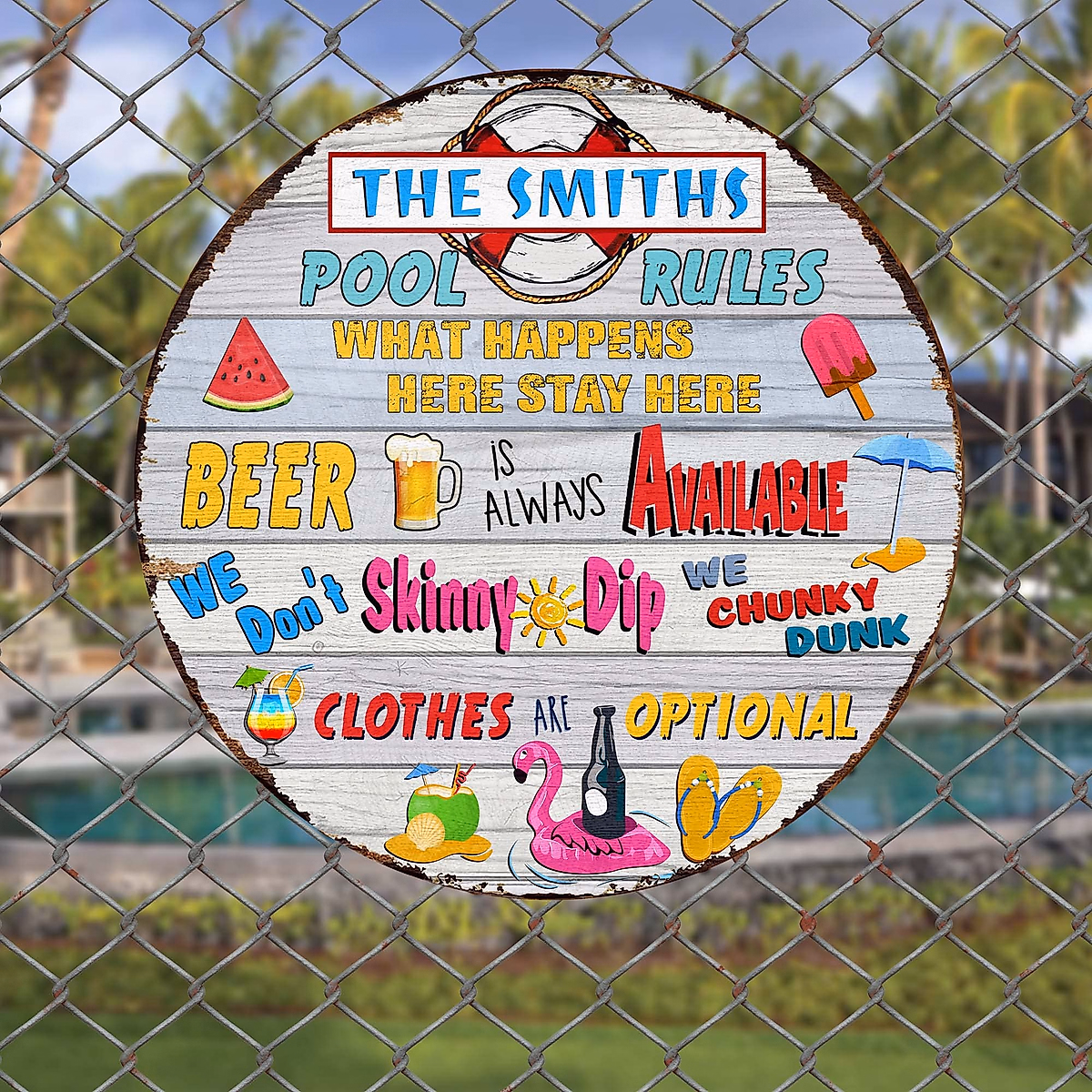 V VIBEPY All Over Printed, Personalized Pool Rules Wooden Sign, Pool Rules What Happens Here Stay Here, Pool Bar Decor, 8”,12”,18” Wooden Sign, Summer Decor Outdoor, Housewarming Gift (02)