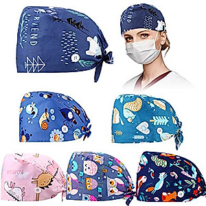 6 Pieces Scrub Caps with Buttons Women Working Cap Adjustable Sweatband Bouffant Hats (Cute Animals)
