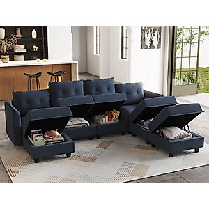 LLappuil Modular Sectional Sofa with Storage U Shaped Couch with Reversible Chaise Luxury Velvet Sofas for Living Room 4 Seats with 3 Ottomans Denim Blue