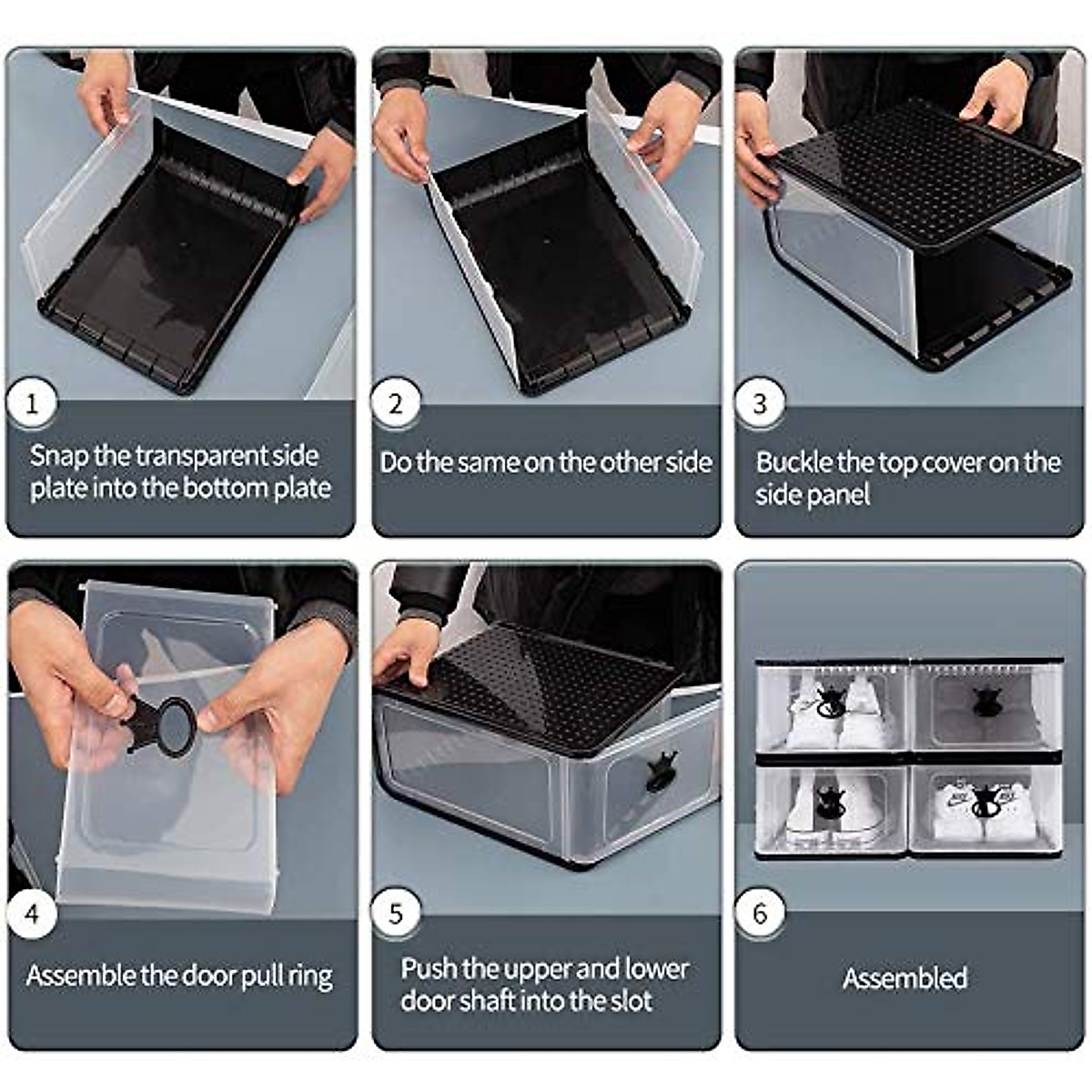 SavIz Stackable Shoe Organizer - 4 Pack - Sneaker Collection - Organize, Protect, Store Sneakers - Compact Shoe Rack - Individual Cubes - Dust, Crease Proof - White/Black (Black)