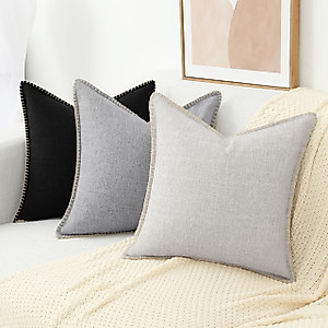 decorUhome Decorative Outdoor Throw Pillow Covers 18x18 Set of 2, Square Linen Rustic Farmhouse Pillow Covers with Stitched Edge for Couch, Sofa, Living Room, Black