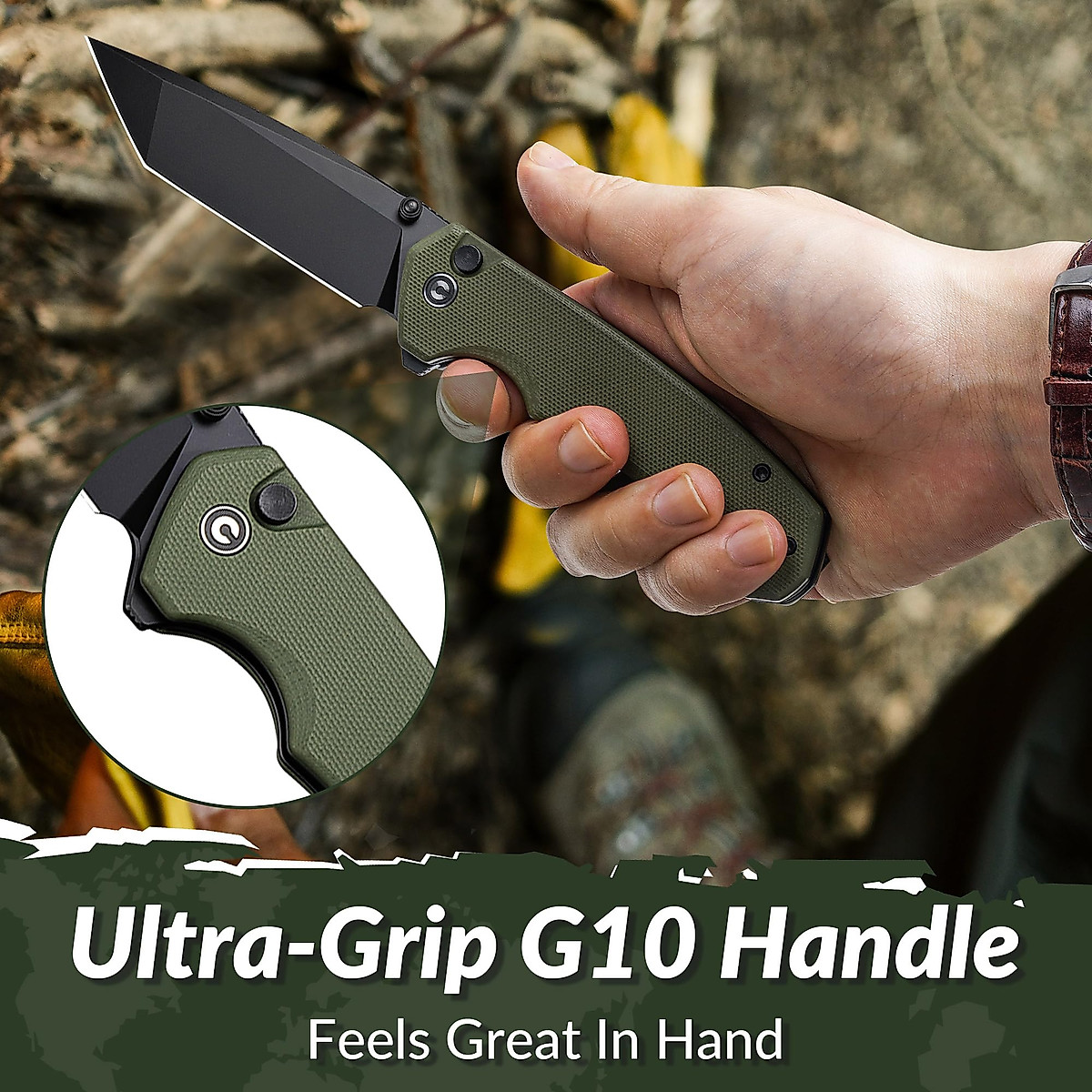 CIVIVI Brazen Folding Knife, Button Lock Pocket Knife with 3.46'' Swedish 14C28N Tanto Blade, Ultra-Grip G10 Handle, Low Profile Clip for EDC C19059C-2 (OD Green)