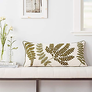 Creative Co-Op White Rectangle Cotton Pillow with Embroidered Green Ferns