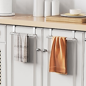 VEHHE Kitchen Towel Holder 2-Piece, 2 Hooks, EVA Foam Protective Mats, 9-Inch Stainless Steel Over The Door Towel Rack (Silver)