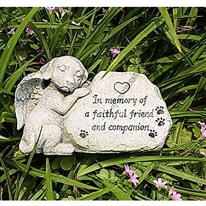 Dog Memorial Stone Statue, Sleeping Dog Angel Figurine Forever in Our Hearts, Dog Grave Markers Outdoor for Deceased Pet, Loss of Dog Memorial Sympathy Gifts Antique Stone Finish 8.86 inch