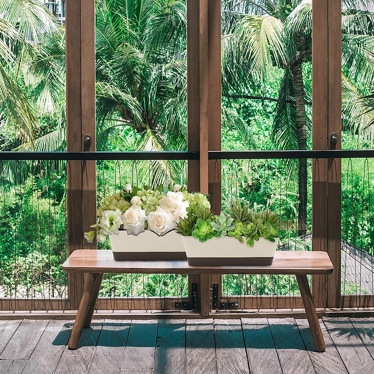 Lainrrew 3 Pack Window Box Planters, 12 Inches Rectangular Planter Plastic Flower Box Plant Pots Plant Containers with Tray for Balcony, Windowsill, Garden, Home Office Outdoor Decoration (Coffee)