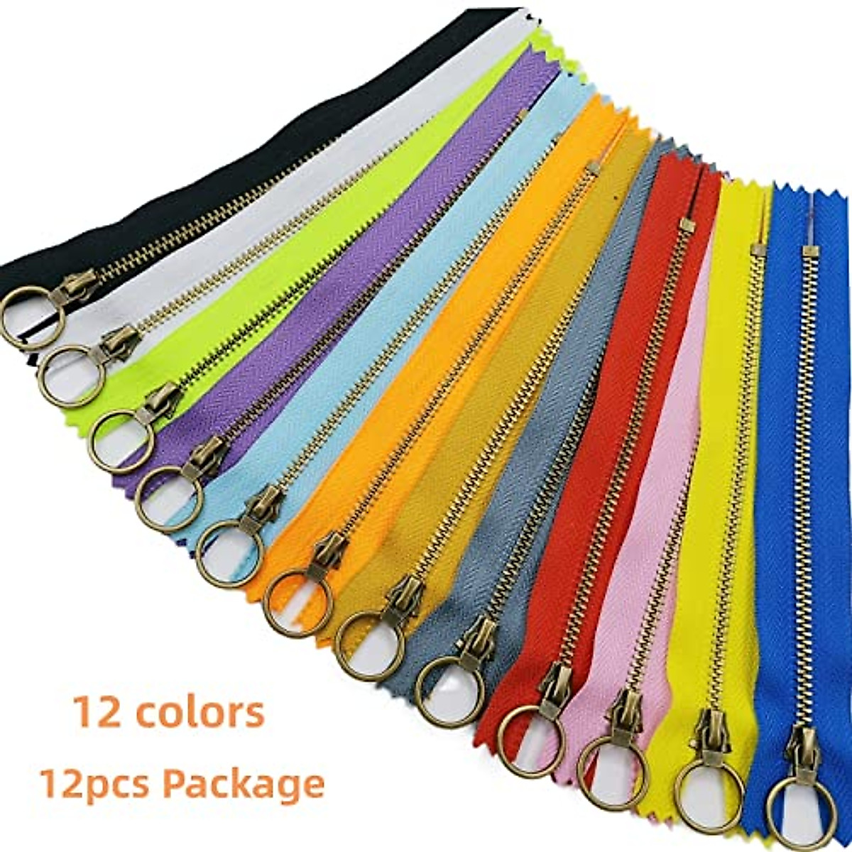 Metal Zippers 12pcs #3 Antique Brass Close-end Non-Separating Zippers Assorted Color for Purses Cosmetic Bags Pockets Handbags DIY Sewing 25cm/10inch