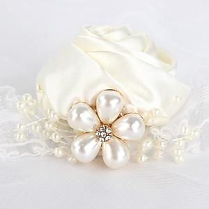 WANLIAN Rose Wrist Corsage Peal Diamond Boutonniere Gold Leaf Wrist Flower for Bride Bridesmaid Prom Wedding Ceremony Anniversary Set of 2(ivory)