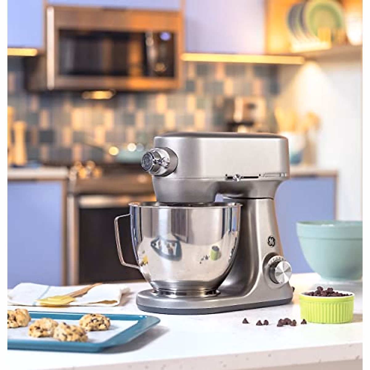 GE Tilt-Head Electric Stand Mixer | 7-Speed, 350-Watt Motor | Includes 5.3-Quart Bowl, Flat Beater, Dough Hook, Wire Whisk & Pouring Shield | Countertop Kitchen Essentials | Granite Gray