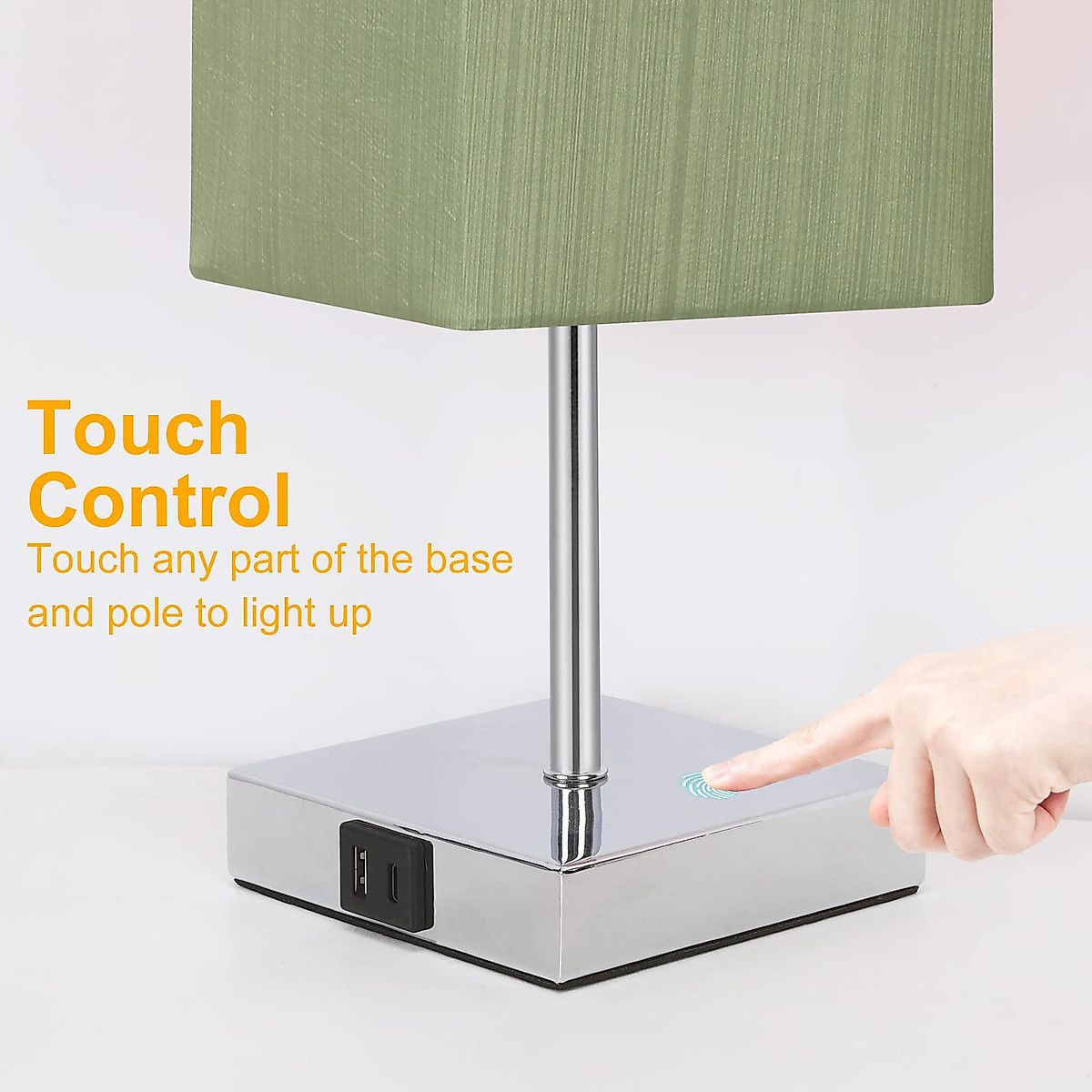 SEEDED-DESIGN Touch Control Table Lamp, Bedside Lamp with USB Port and Outlet, 3-Way Dimmable Nightstand Lamp for Bedroom, Living Room, LED Bulb Included (Square, Green Tea)