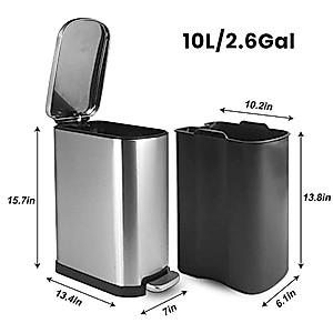 CLTEC 10L/2.6Gal Stainless Steel Trash Can with Lid Soft Close, Removable Inner Waste Basket, Rectangular Small Garbage Can for Bathroom Bedroom Office, Slim Step Trash Bin, Anti-Fingerprint Finish