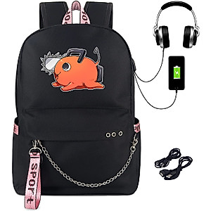Roffatide Anime Chainsaw Man Backpack Pochita Book Bag Laptop School Bag with USB Charging Port and Headphone Port