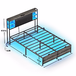 Unikito Full Size Bed Frame with Upholstered Headboard, Charging Station and RGB LED Lights, Stable Platform Bed, Heavy Duty Metal Slats, Noise Free, No Box Spring Needed, Easy to Assemble, Black Oak