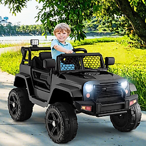 OLAKIDS Kids Ride On Truck, 12V Electric Vehicle Jeep Car with Remote Control, Toddlers Battery Powered Toy with 2 Speeds, Spring Suspension, Double Open Doors, LED Lights, Music, TF, USB, Mp3 (Black)