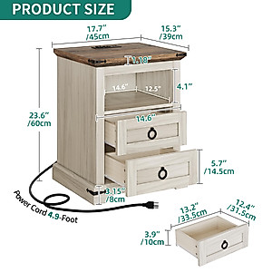 YITAHOME Farmhouse Nightstand with Charging Station, 2 Drawers Night Stand for Bedroom, LED End Table Side Table w/Open Shelf, Set of 2, Off White+Walnut Grain