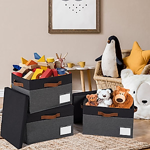 GhvyenntteS Fabric Storage Bins with Lids 3 Pack, Closet Storage Boxes with Lid and 3 Handles, Foldable Storage Baskets with Lids and Label Window for Home Office (Grey&Black, 15" x 11" x 9.7")