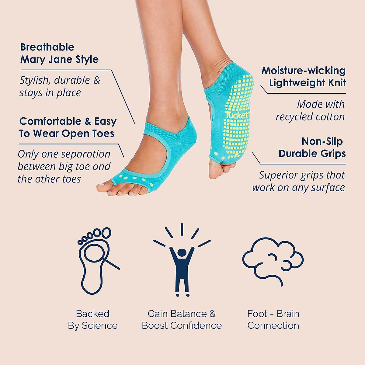 Tucketts Allegro Toeless Non-Slip Grip Socks - Anti Skid Yoga, Barre, Pilates, Home & Leisure, Pedicure - S/M - 1 pair Nude 3