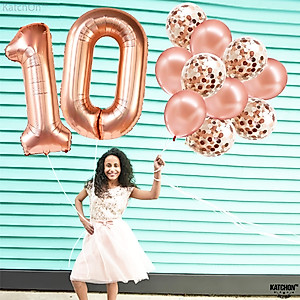 KatchOn, Giant Rose Gold 10 Balloon Number - 40 Inch, Pack of 12 | Rose Gold 10 Balloon with Confetti Balloons | Rose Gold 10th Birthday Decorations for Girls | Happy 10th Birthday Balloons for Girls