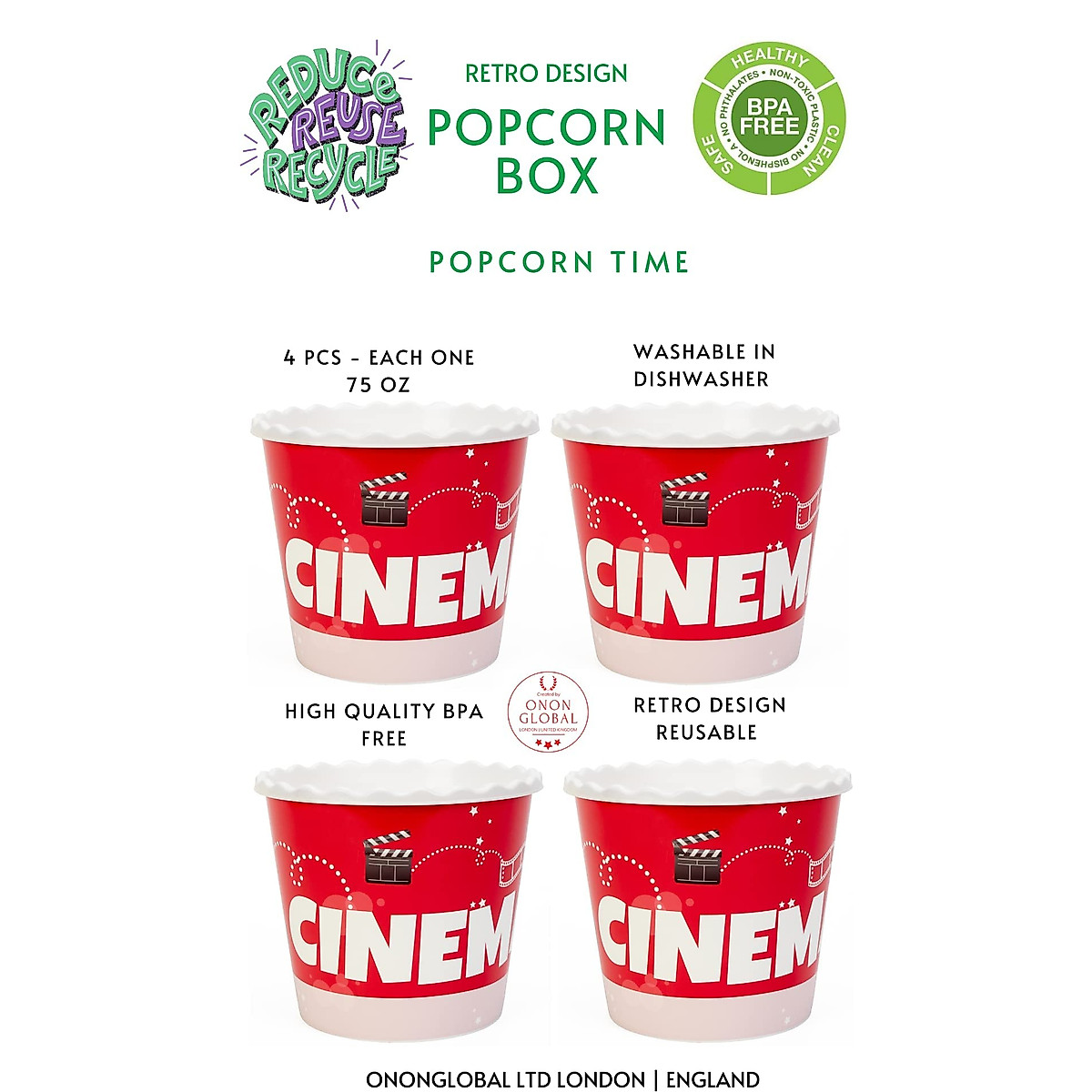 Retro Style Reusable Plastic Popcorn Containers/Popcorn Bowls Set for Movie Theater Night - Washable in The Dishwasher - (BPA Free-4 Pack) (Mix A)