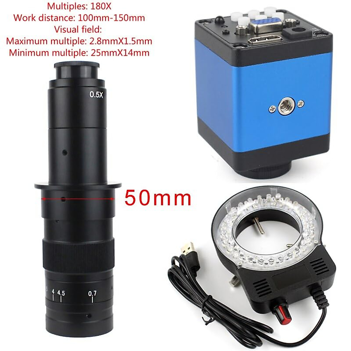 13MP FHD 60FPS Microscope Camera C-Mount Lens HDMI VGA Industrial Electronic Digital Microscope for Phone PCB Repair Soldering (Color : 130X 50MM)