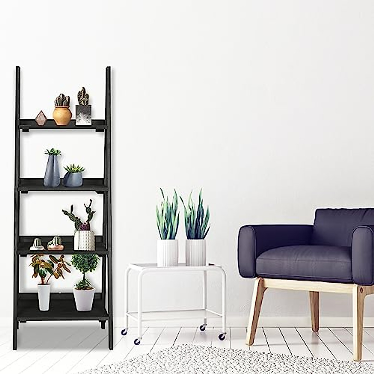 Babion Ladder Shelf Bookcase, 4-Tier Wooden Freestanding Plant Shelf Bookshelf Display Shelf, for Office, Balcony, Living Room - Black