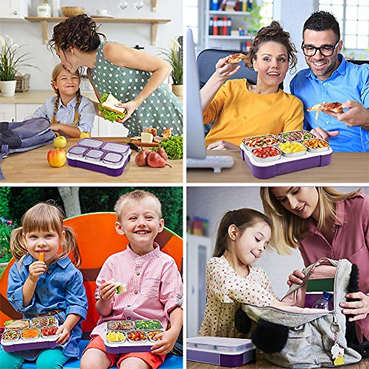 Stainless Steel Kids Bento Lunch Box Leak Proof BPA-Free DaCool School Lunch Container 5-Compartment with Lunch Bag and Fork for Toddler Child Adult, Food Snack Container for Picnic Outdoors, Purple