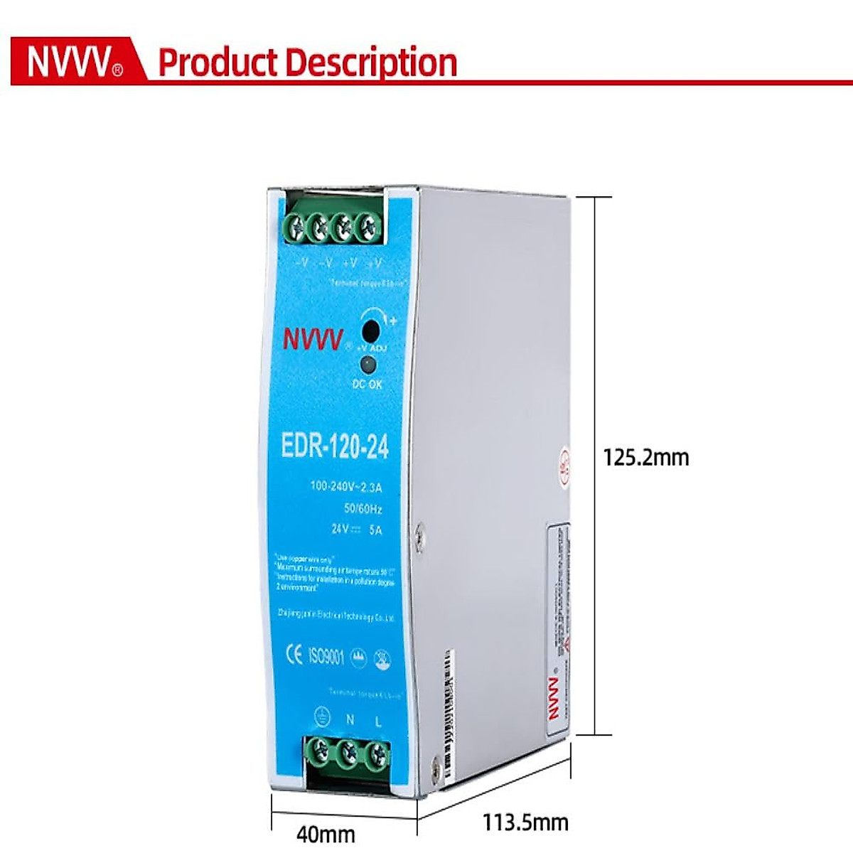 NVVV EDR-120-24 120W 24VDC 5Amp Industrial DIN Rail Power Supplies (24V 120W), Silver