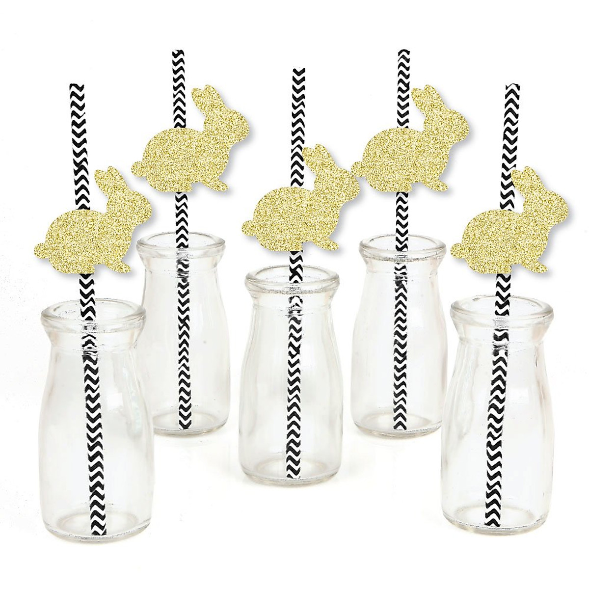 Gold Glitter Bunnies Party Straws - No-Mess Real Gold Glitter Cut-Outs & Decorative Easter Paper Straws - Set of 24