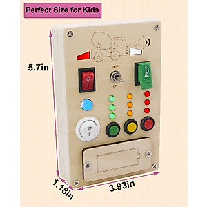Busy Board Montessori Toys for 1 Year Old Led Button Push Toys Light Switch Preschool Learning Toys Wooden Sensory Toys for Toddlers 1-3 Baby Gifts Travel Fidget Toy (Vehicle Theme Light Toy)