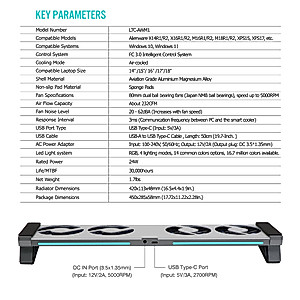 Smart Laptop Cooling Pad 16"-18" Cooler Pad, Compatible with Alienware X16R1, X16R2, M16R1, M16R2, M18R1, M18R2, XPS15, XPS17 (LTC-AWM1)
