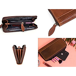 Aaron Leather Goods Women's RFID Blocking Large Capacity Leather Wallet Zip Around Phone Clutch Large Travel Purse Wristlet (Walnut)