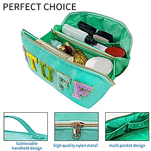 Huifen Stoney Clover Dupes Preppy Makeup Bag, Travel Cosmetic Bag Stuff Bag Chenille Letter Bag Large Capacity Nylon Bags Wide Open Falt Toiletry Bag Make up Organizer for Women Girls (Green)
