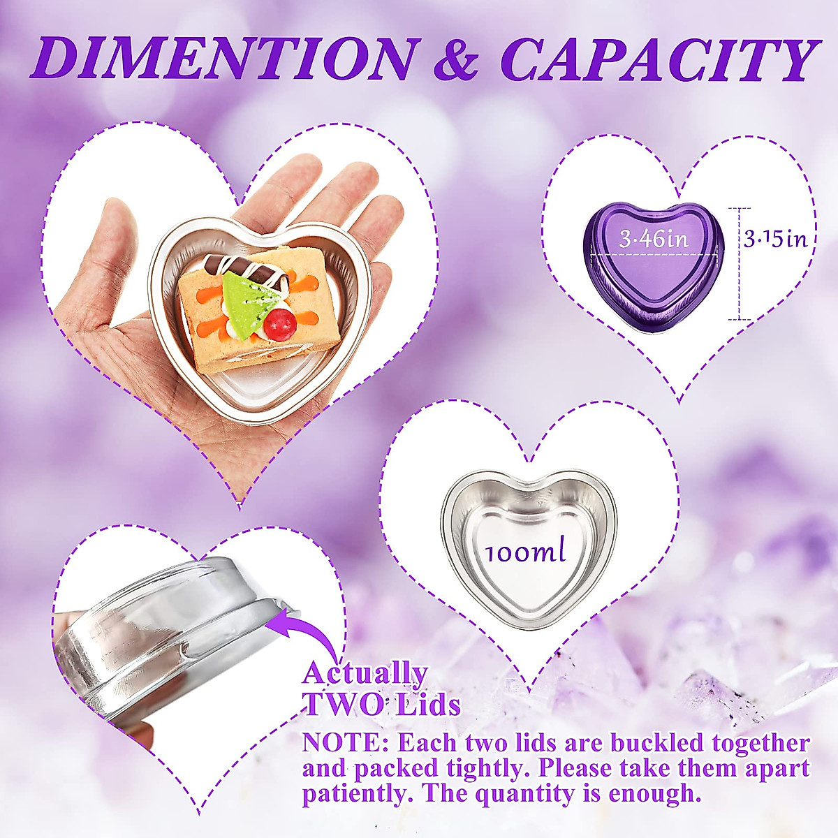 Geiserailie 200 Sets Aluminum Foil Cake Pan with Clear Lids 100 ml/ 3.4 Ounces Heart Shaped Disposable Mini Cupcake Cup Flan Baking Cups Pan for Xmas Valentine Wedding Birthday Party (Purple)