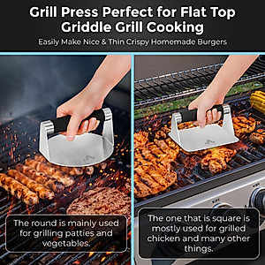 Smash Burger Press Pack of 2 – Round and Square Meat Masher with Silicone Handles – Non-Stick Steel Hamburger Press with 100Pcs Parchment Papers – Burger Smasher for Hamburger Patties- Gift