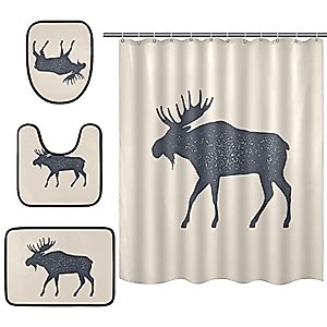 Oyihfvs Moose Wild Deer Silhouette Isolated 4 Pcs Shower Curtain with Matching Doormat Sets, Bath Curtain with Rugs(Bath Mat, U Shape Mat, Toilet Lid Cover Mat) with Hooks