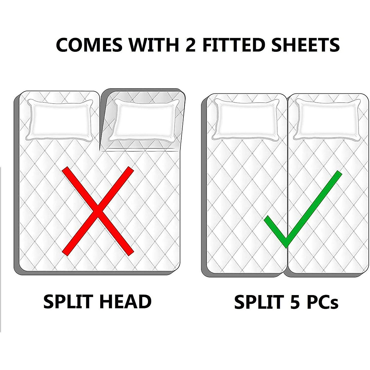 Silentnight Split Queen Sheets for Adjustable Beds 5-Piece Split Queen Sheet Set, 800 Thread Count 100% Egyptian Cotton,12" Deep Pocket Adjustable Bed Sheets, White Solid