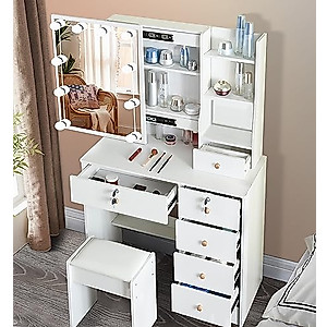 Makeup Vanity Set with Mirror & Lights, 5 Storage Drawer & Stool, 3 Lighting Modes Adjustable Brightness, Bedroom Dressing Table for Women Girls, White (Modern Vanity W-4)
