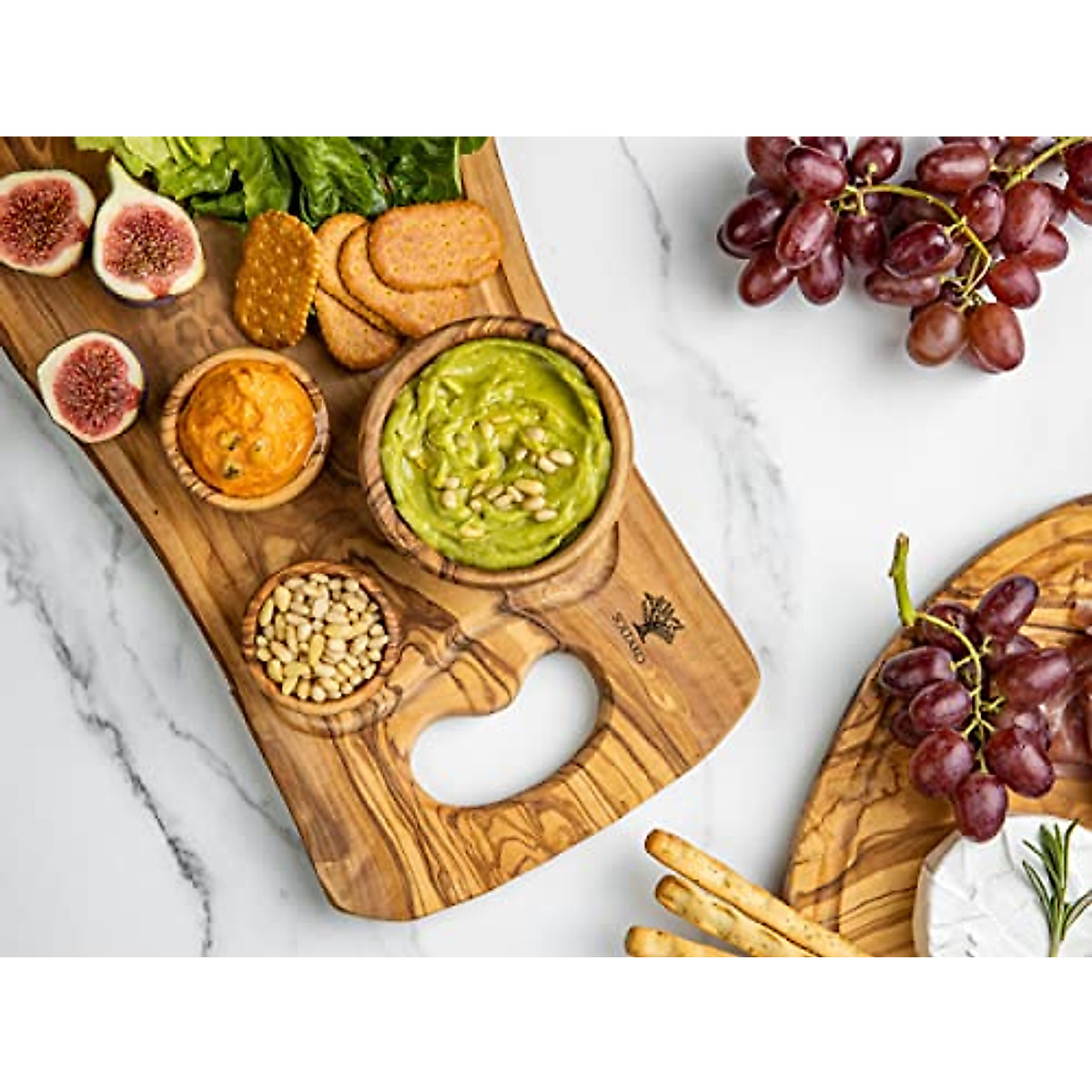 SOLTAKO Olive Wood Cutting Steak Board, Wooden Charcuterie Board, Large Cheese Board, Hand Made Serving Platter, Rustic Chopping Board with Juice Groove, Chopping Board with Handle (17,7")