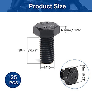 MroMax 25Pcs M10 x 20mm Hex Head Screw Bolt, Carbon Steel Grade 8.8, Black Oxide Finish, Full Thread, Hexagon Head Bolts for Furniture Repair