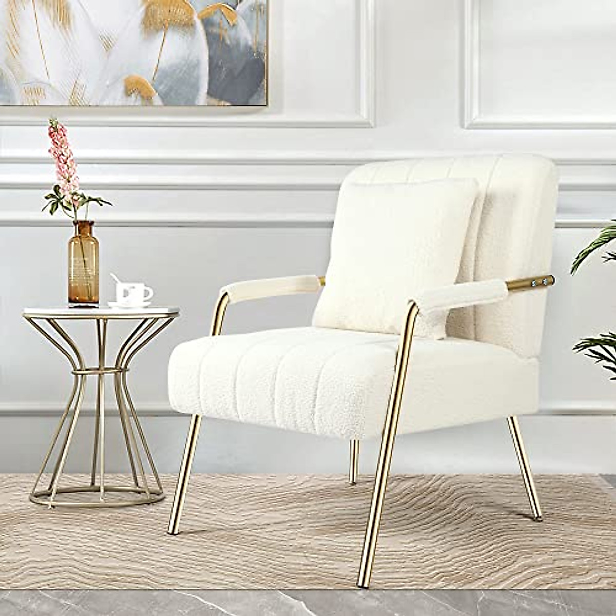 wirrytor Modern Teddy Fleece Fabric Accent Chair with Ottoman, Upholstered Leisure Chair with Metal Frame Single Sofa Armchair with Pillow for Living Room Bedroom Office Balcont (Teddy Beige)