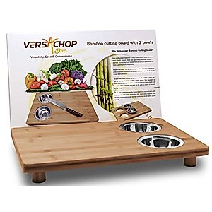 VersaChop Duo, Large 18 inch X 12 inch Cutting Boards for Kitchen. Totally Natural Organic Moso Bamboo Cutting Board with Two Integrated Stainless Steel Bowls attached for organization and storage.
