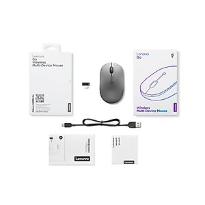Lenovo Go Multi-Device Wireless Mouse, 2.4GHz Nano USB-C Receiver, Bluetooth, Adjustable DPI, USB-C Rechargeable Battery, Qi Wireless Charging, Ambidextrous, GY51C21211, Grey