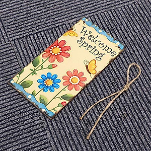 OULII Easter Gift Happy Easter Plaque Wooden Hanging Plaque Festival Wall Door Decorative Sign Hanger Home Decoration Photo Props Favors (Welcome Spring)