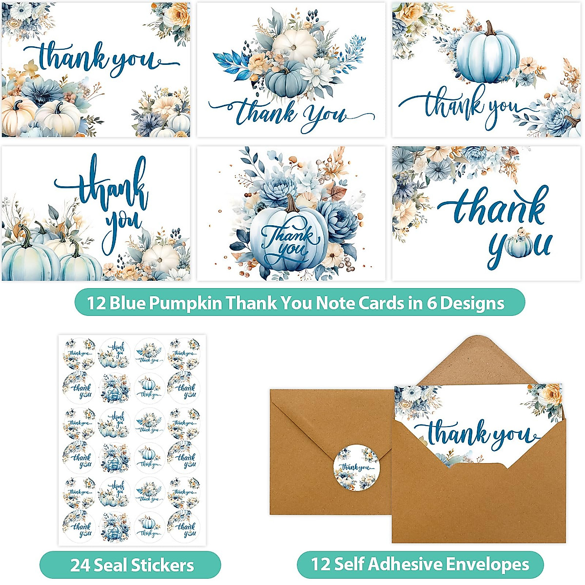 Fancy Land Thanksgiving Thank You Cards Pumpkin Fall Baby Shower Thank You Note Cards Floral Watercolor Autumn Leaves Cards with Envelopes for Autumn Wedding Supplies 12 Pcs