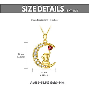 14K Gold Lucky Elephant Necklace with Garnet Moon Necklace with Moissanite Cute Animal Jewelry Gift for Women