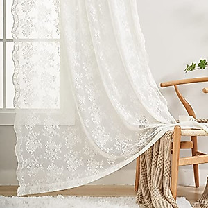 YJ YANJUN Sheer Lace Curtains for Bedroom Ivory Elegant Victorian Curtains Scalloped Edges Floral Kitchen Window Curtains 63 Inch Length Rod Pocket, 52 x 63 Inch, Ivory
