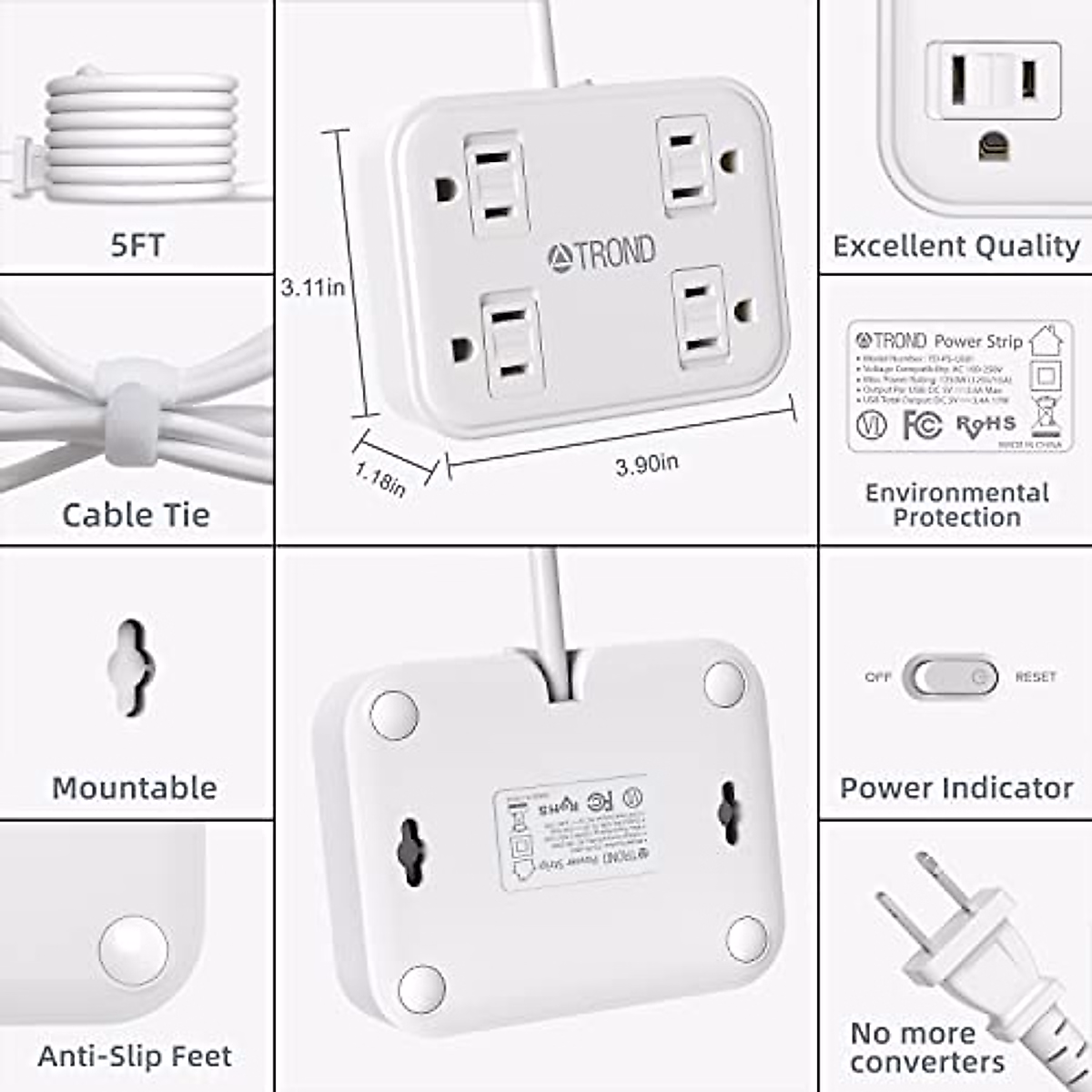 2 Prong Power Strip, TROND 2 Prong to 3 Prong Outlet Adapter, 5ft Extension Cord, 4 Widely Outlets with 4 USB Ports, Wall Mountable, Ideal for Non-Grounded Outlets, No Surge Protector for Cruise Ship